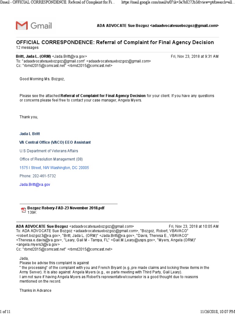 OFFICIAL CORRESPONDENCE: Referral of Complaint For Final Agency ...