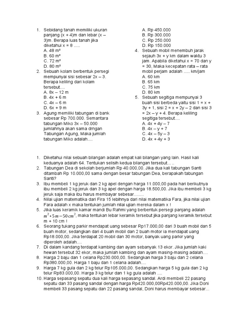 Soal Matematika Aljabar Kelas 7 SMP | PDF