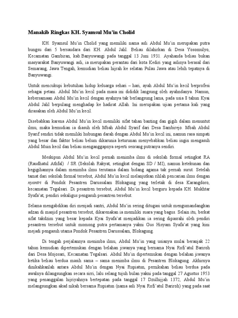 Manakib Ringkas Kyai Mu'in | PDF