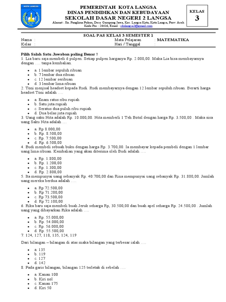 Soal PAS MTK KLS 3 Sem 1 | PDF