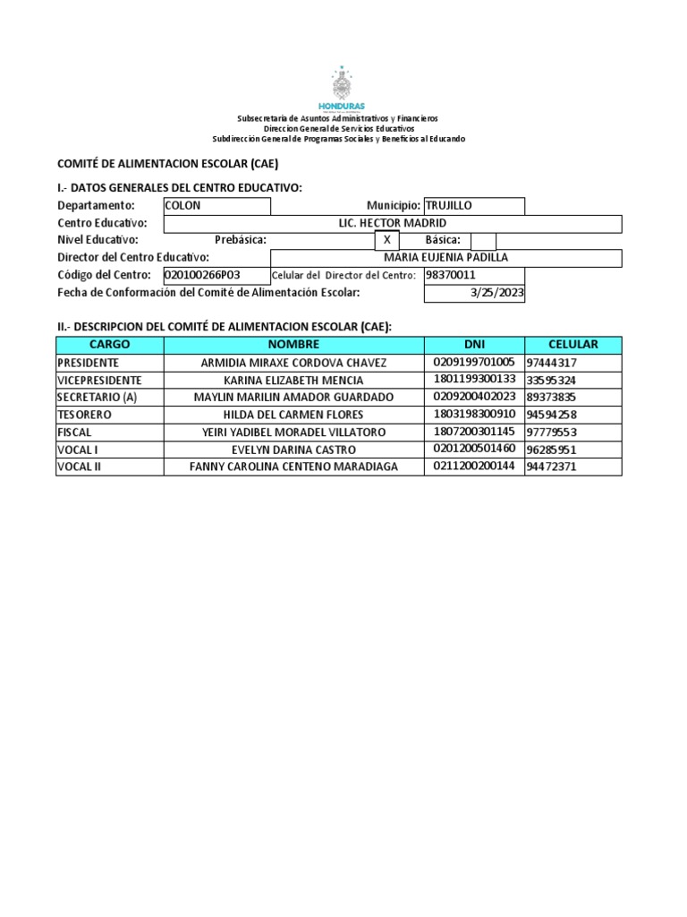 Comite Alimentacion Escolar (Cae) Por Centro Educativo N | PDF