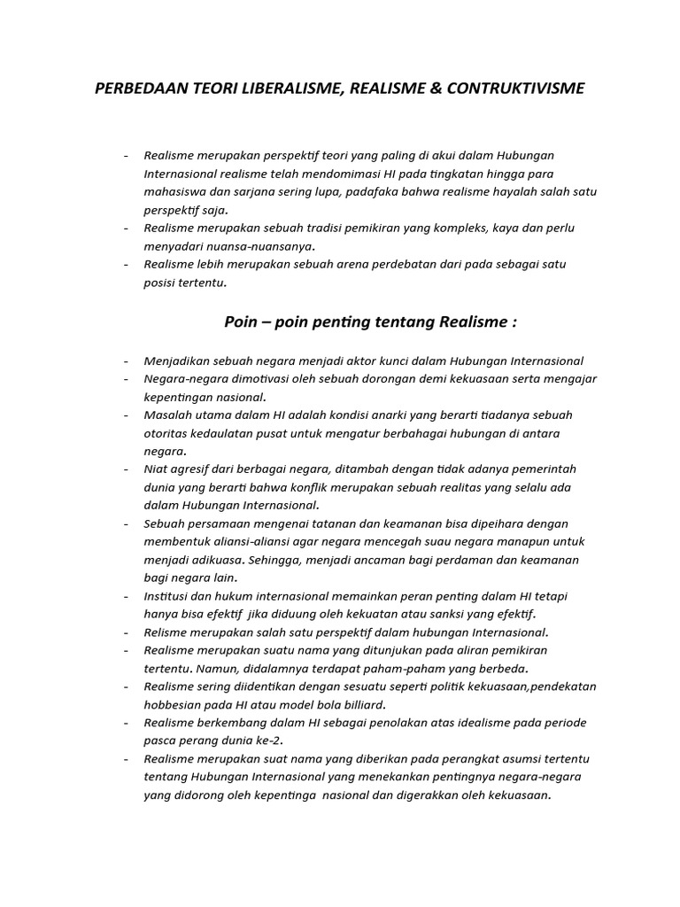 Perbandingan Teori HI: Realisme, Liberalisme, Konstruktivisme | PDF