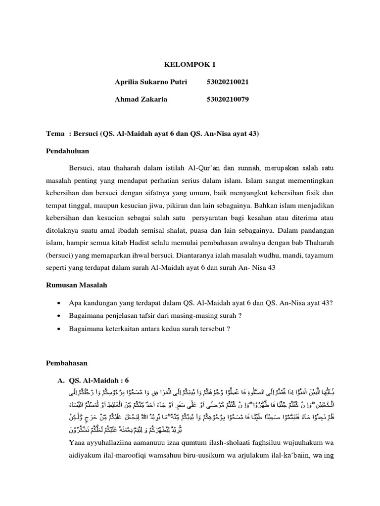 Bersuci Sebagai Syarat Sahnya Ibadah: Analisis Isi dan Tafsir QS. Al-Maidah ayat 6 dan QS. An ...