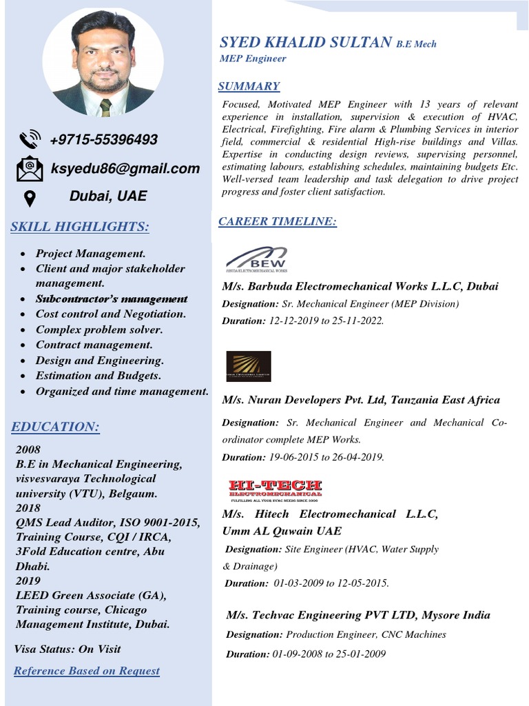 MEP Engineer Resume: Syed Khalid Sultan | PDF