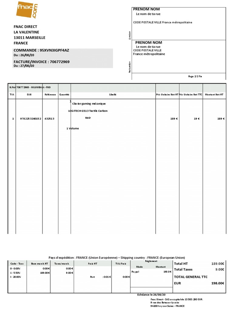 Facture FNAC | PDF | Taxe sur la valeur ajoutée | Marché (Économie)