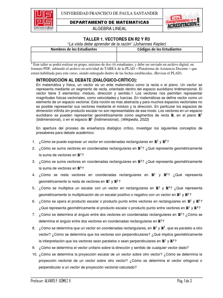 Taller de Vectores en R2 y R3 | PDF