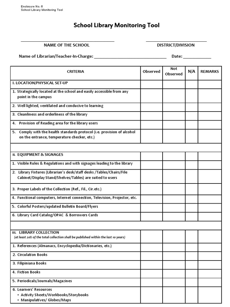 School Library Monitoring Tool Form | PDF