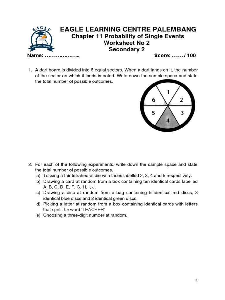 Probability of Single Events Worksheet | PDF