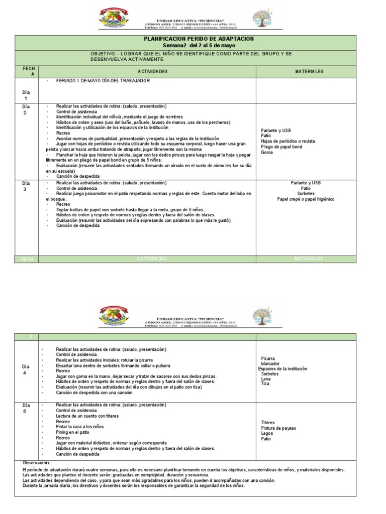 Planificación de Adaptación Segunda Semana | PDF