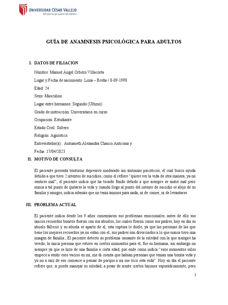GU A DE ANAMNESIS PSICOL GICA ADULTOS - Tagged | PDF