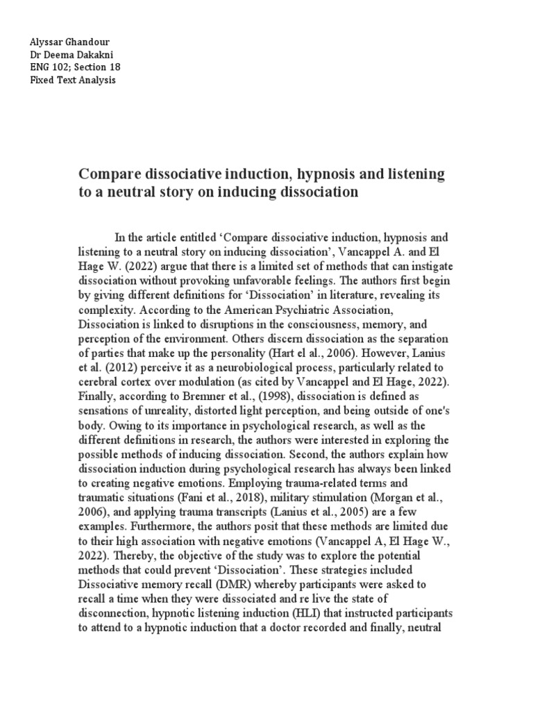 Compare Dissociative Induction, Hypnosis and Listening To A Neutral ...