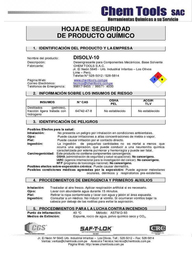 Hoja de Seguridad DISOLV-10 | PDF | Agua | Administración de Seguridad ...