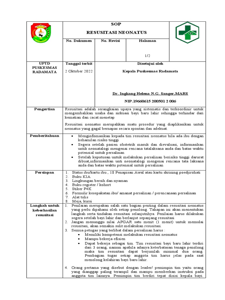SOP Resusitasi Neonatus Terperinci | PDF | Kesehatan Holistik | Sains ...