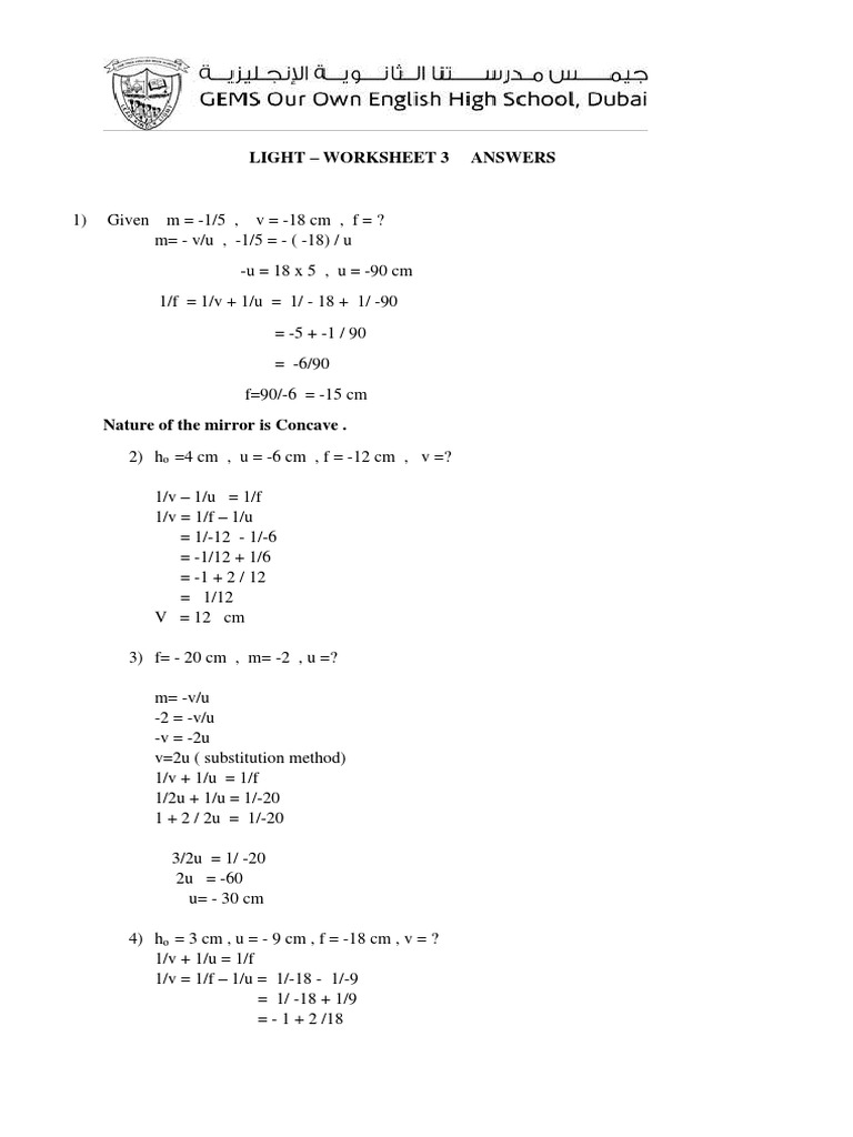 Concave Mirror Calculations Worksheet | PDF