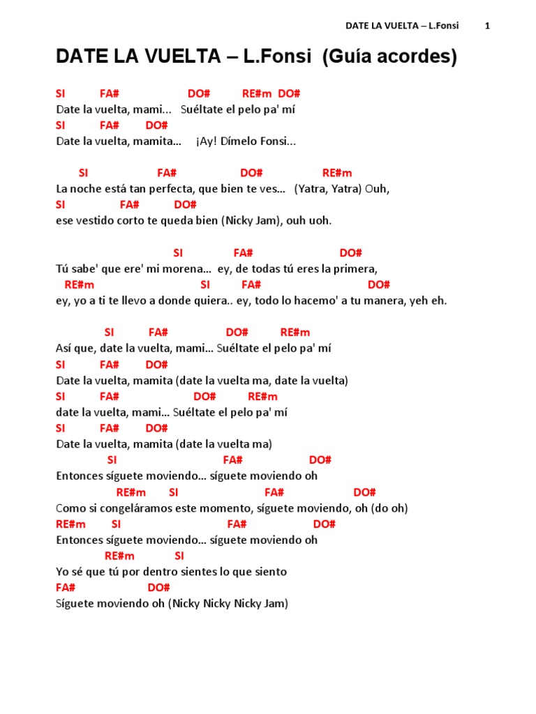 DATE LA VUELTA - L.Fonsi (Guía Acordes) PDF | PDF | Artes del Lenguaje ...