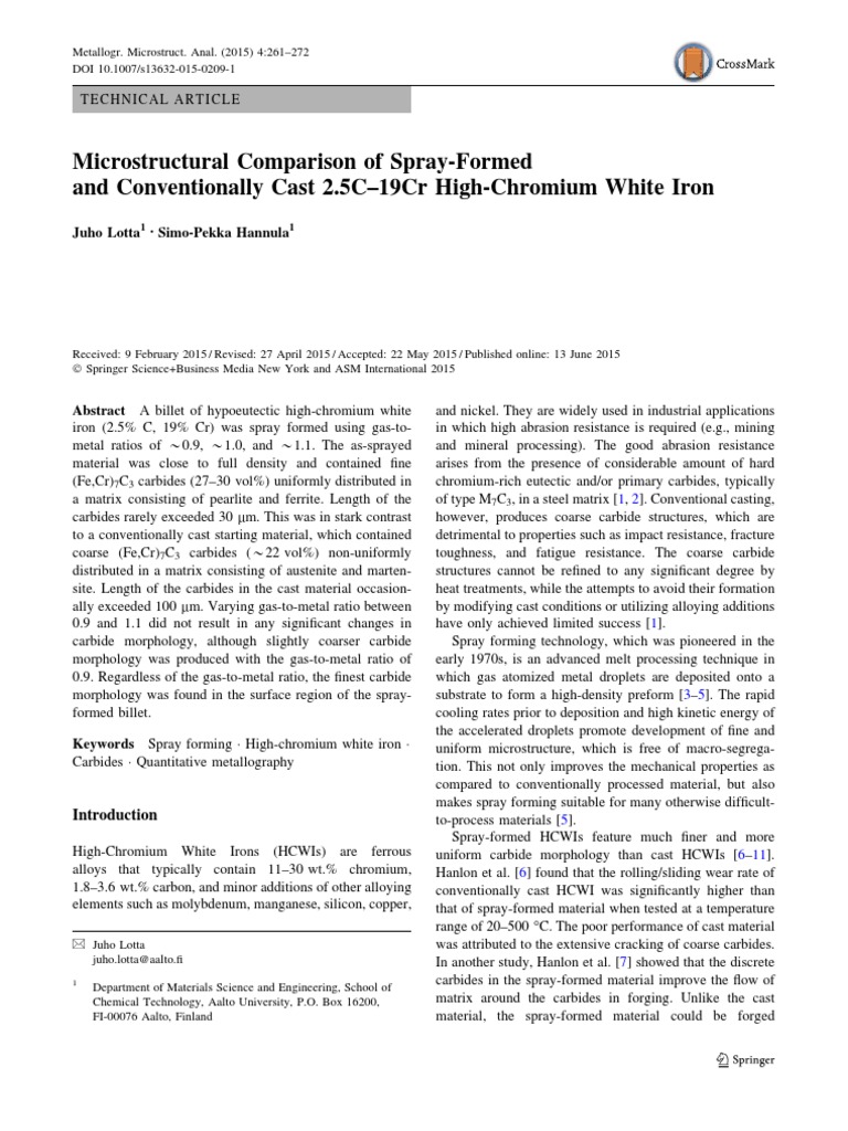Microstructural Comparison of Spray-Formed and Conventionally Cast 2.5C-19Cr High-Chromium White ...