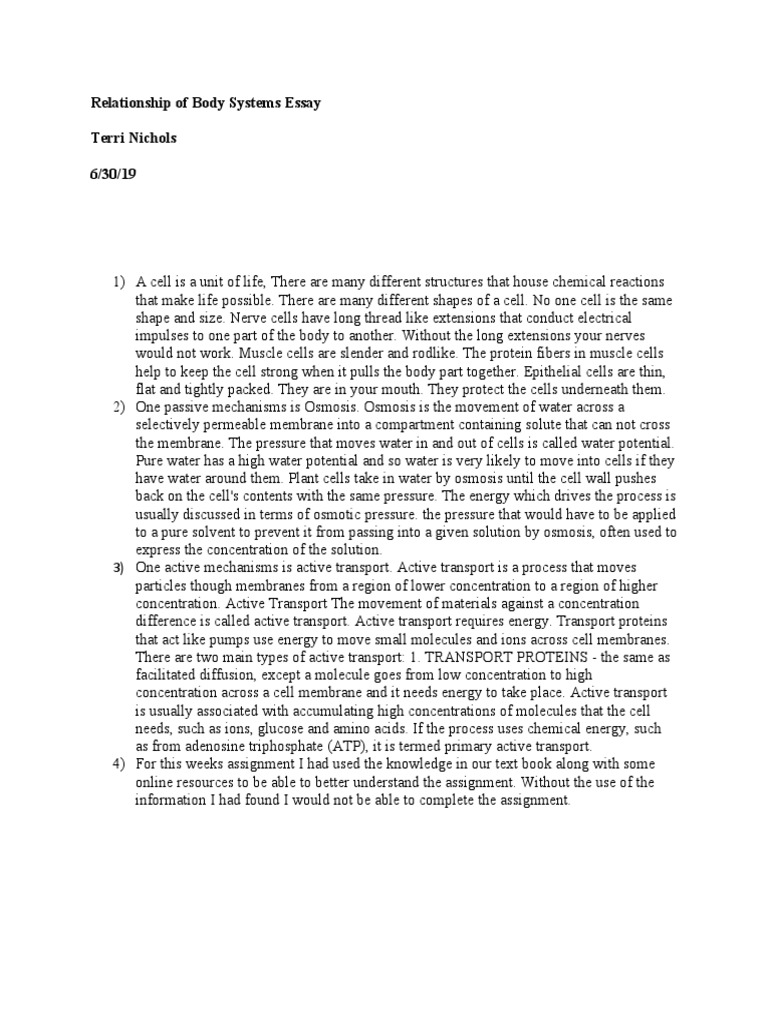 week 2 relationship of body systems.docx | PDF | Osmosis | Cell Membrane