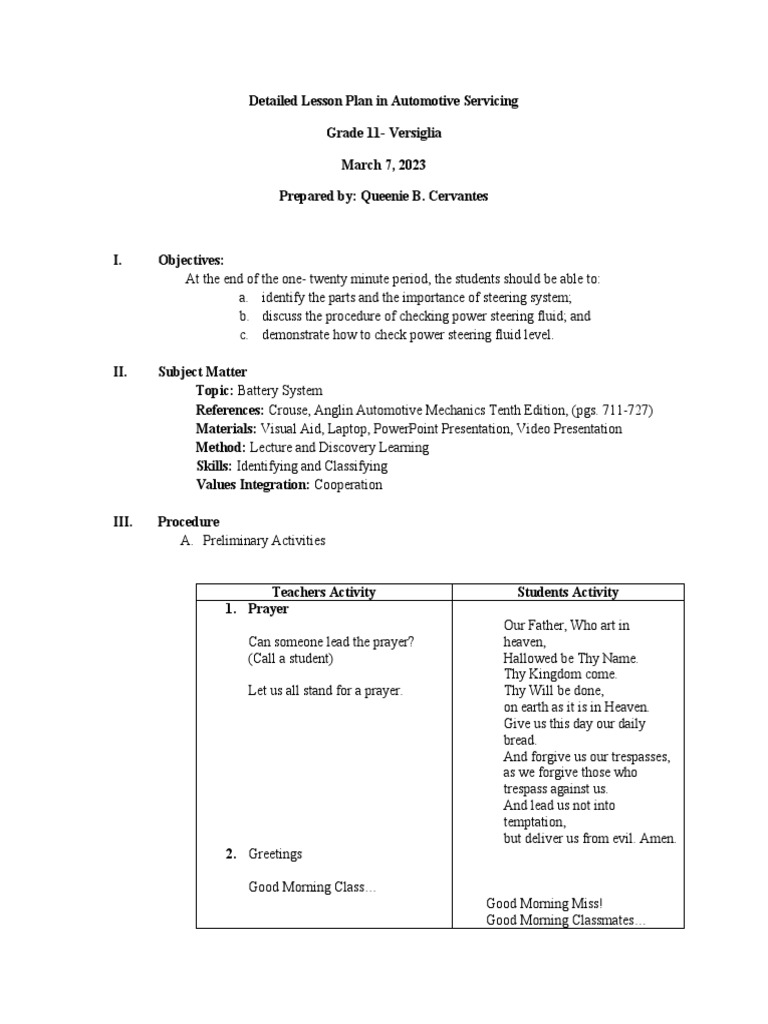 Detailed Lesson Plan in Steering System | PDF