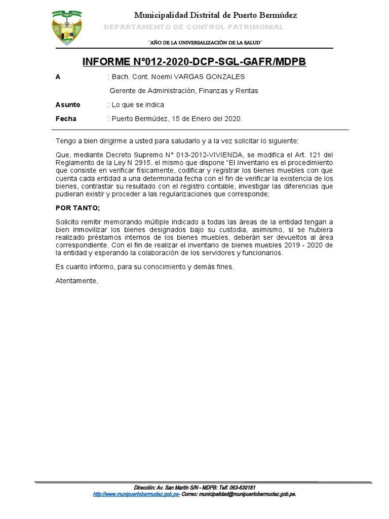 Informe N°012-Dcp-Sgl-Gafr-Mdpb - Lo Que Se Indica | PDF
