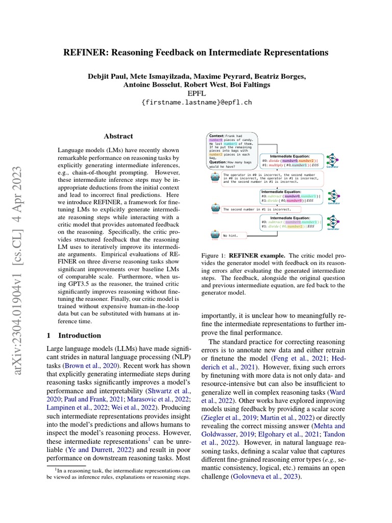 REFINER Reasoning Feedback On Intermediate Representations PDF | PDF