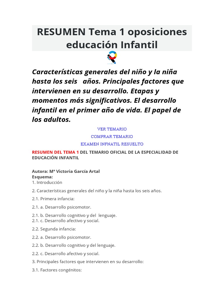RESUMEN Tema 1 Oposiciones Educación Infantil | PDF | Sicología | Infancia
