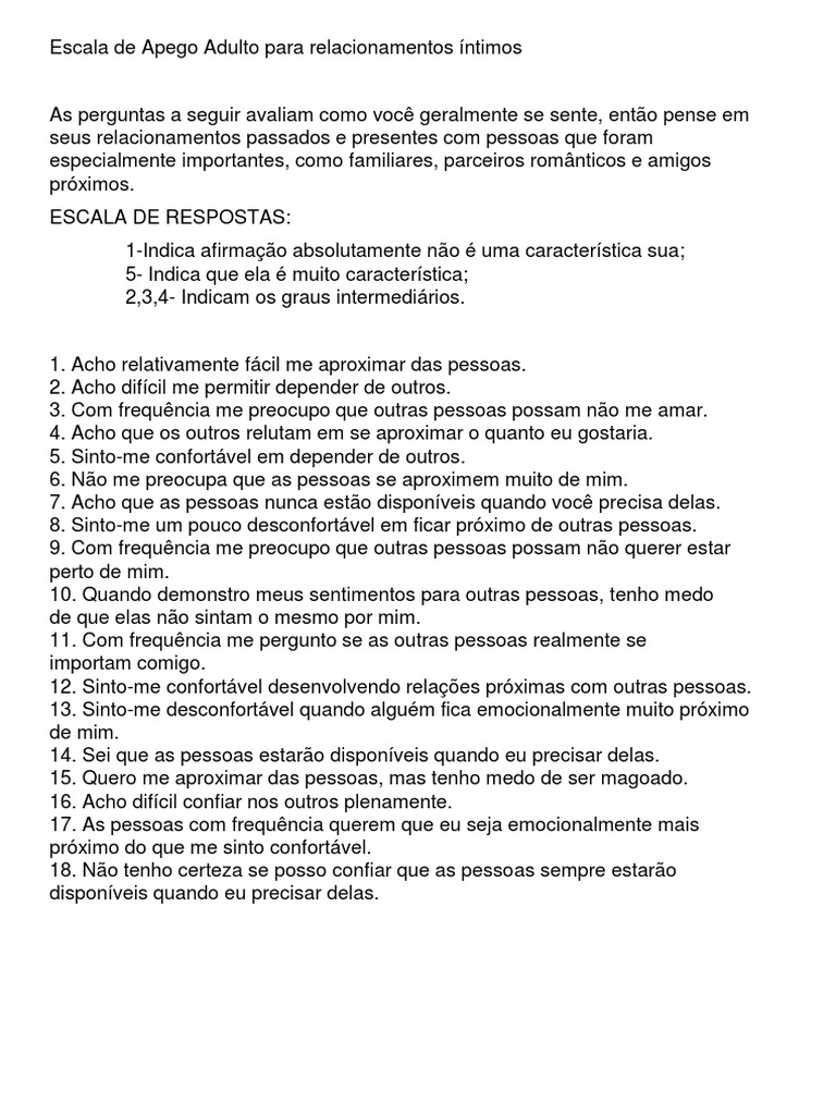 Escala de Apego PDF 3 Adulto para Relacionamentos Íntimos PDF | PDF