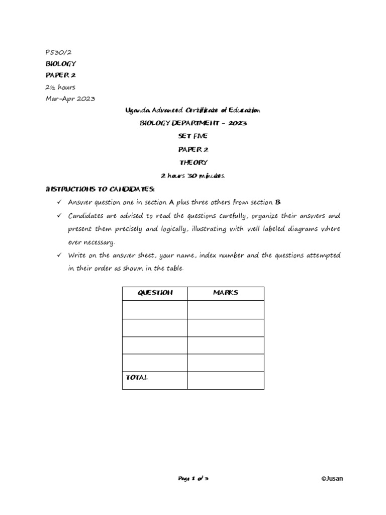 UACE BIO PAPER TWO SET 5 2023-Jusan | PDF