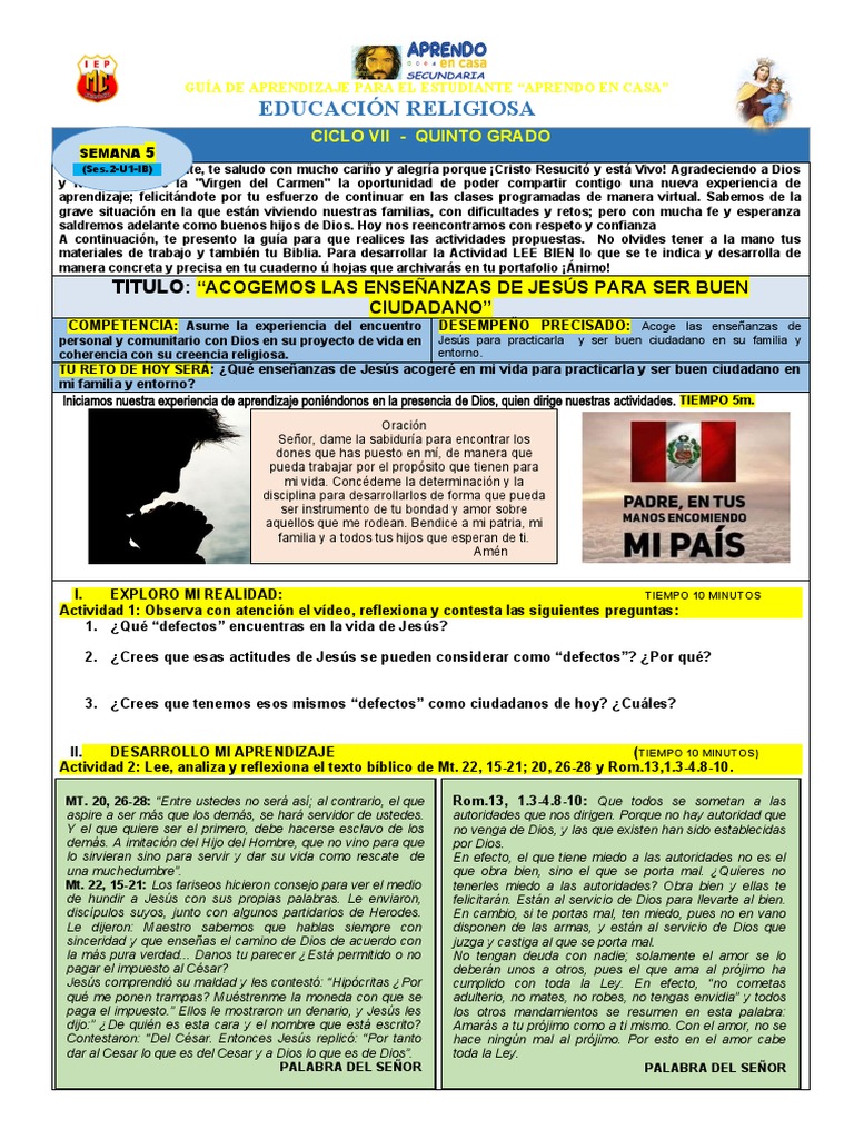 (Semana 5) Acogemos Las Enseñanzas de Jesús para Ser Buen Ciudadano | PDF
