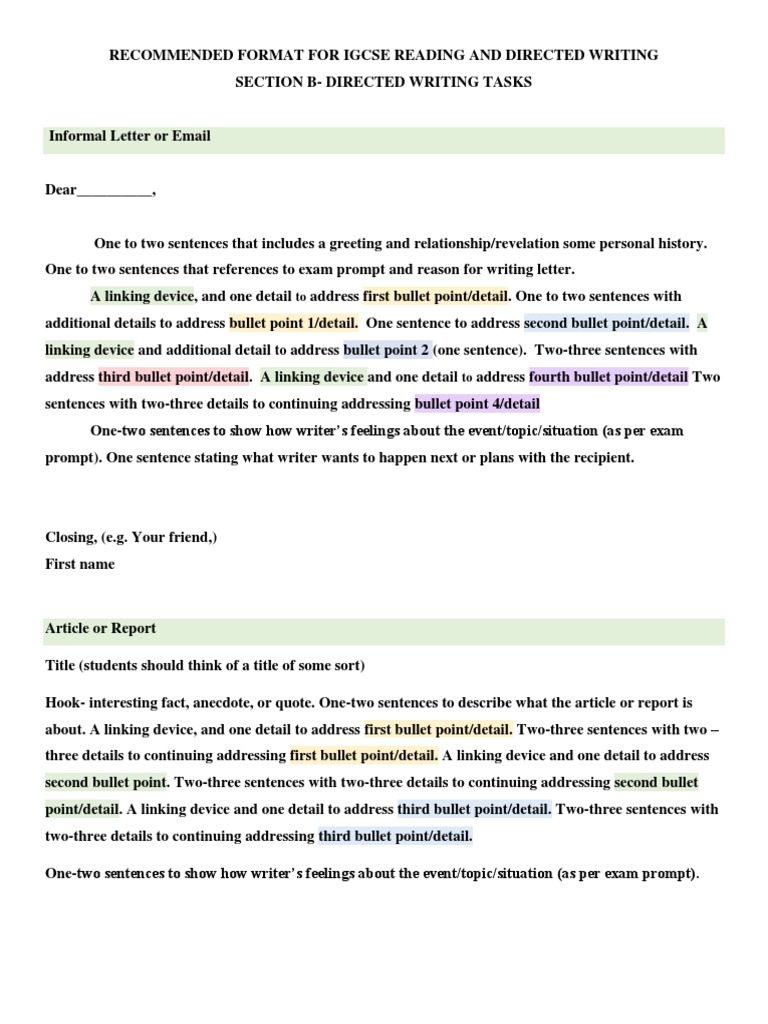 RDW - Section B Directed Writing Recommended Formats - IGCSE Exercises ...