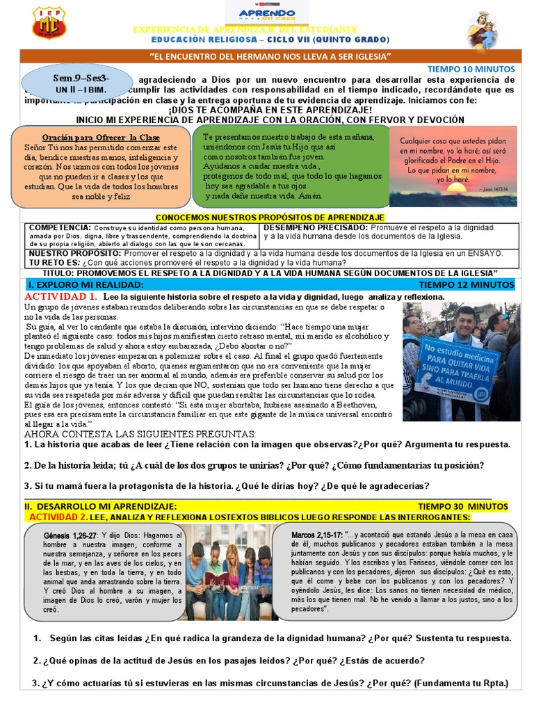 Semana 9 Promovemos El Respeto A La Dignidad Y A La Vida Humana Según