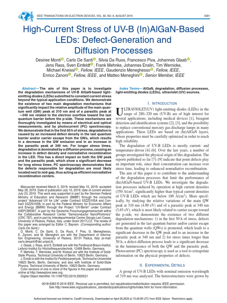 High-Current Stress of UV-B InAlGaN-Based LEDs Defect-Generation and Diffusion Processes PDF | PDF