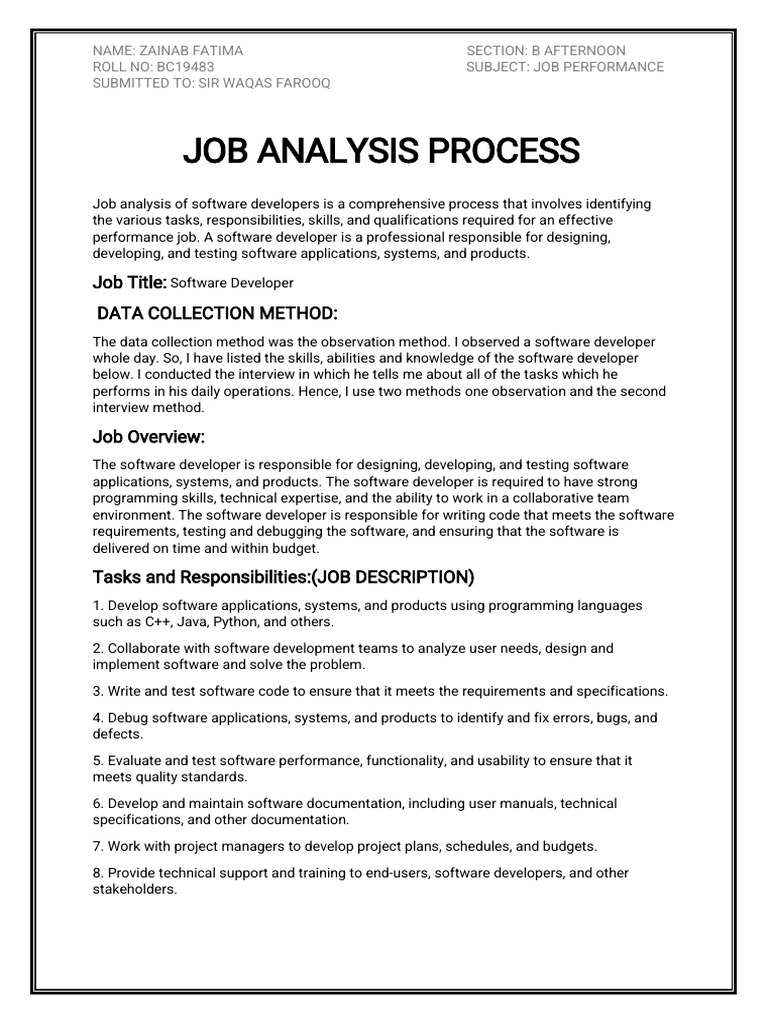 JOB ANALYSIS OF Software Engineer PDF | PDF