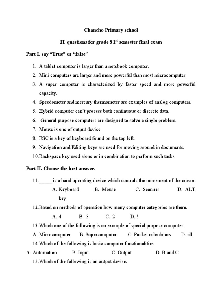 IT Question For Grade 8 1st Semester Final Exam | PDF