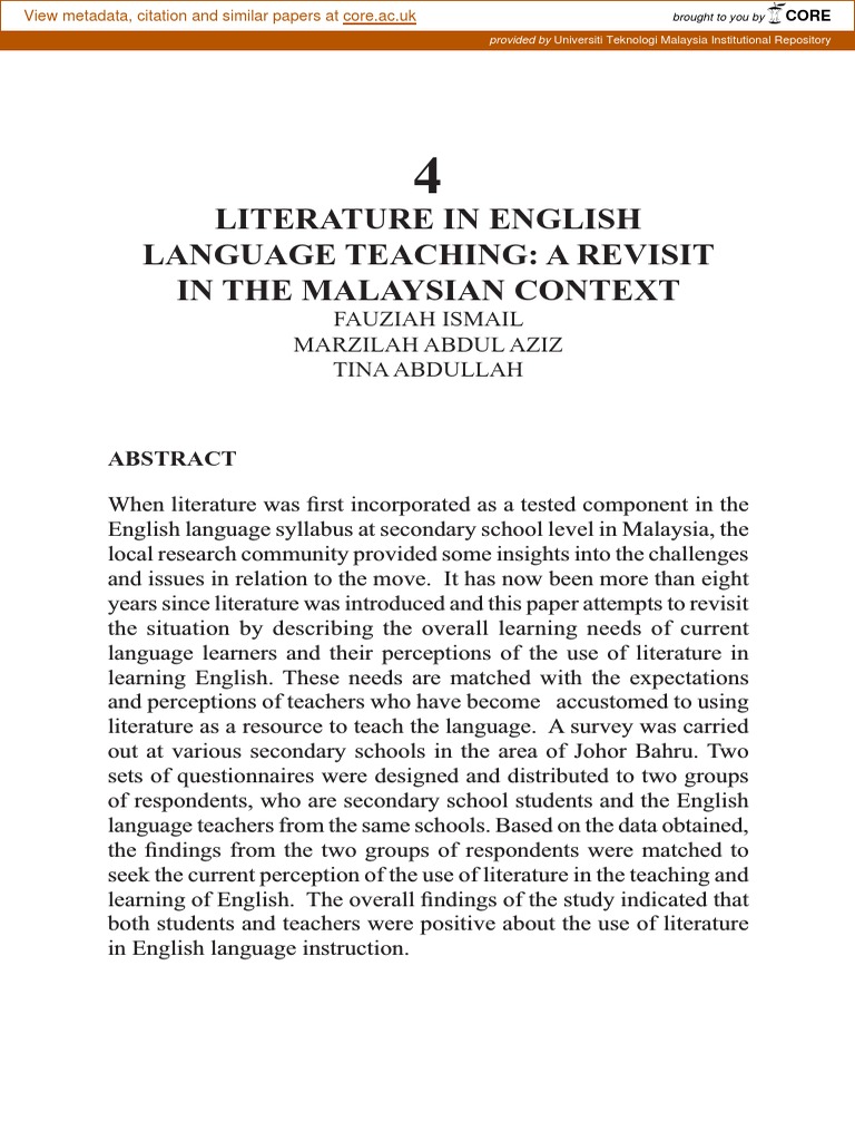 Literature in English Language Teaching: A Revisit in The Malaysian ...