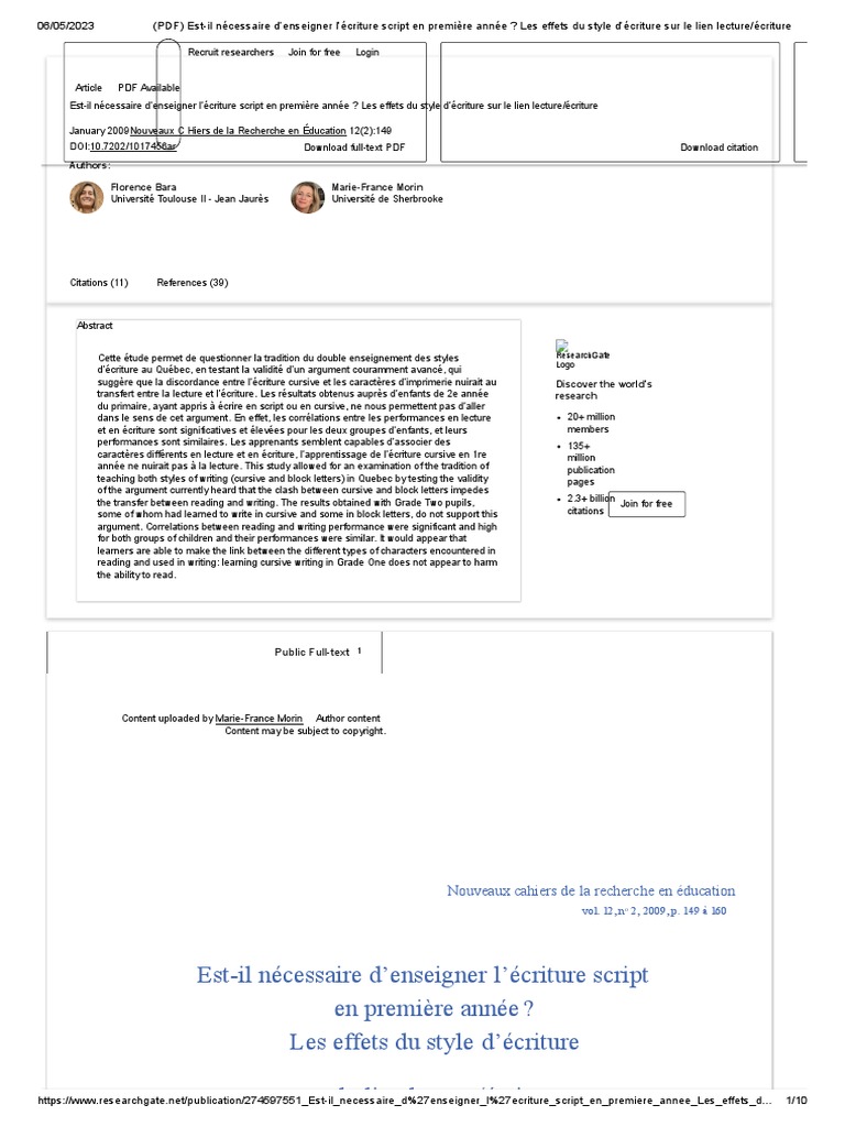 (PDF) Est-Il Nécessaire D'enseigner L'écriture Script en Première Année ...