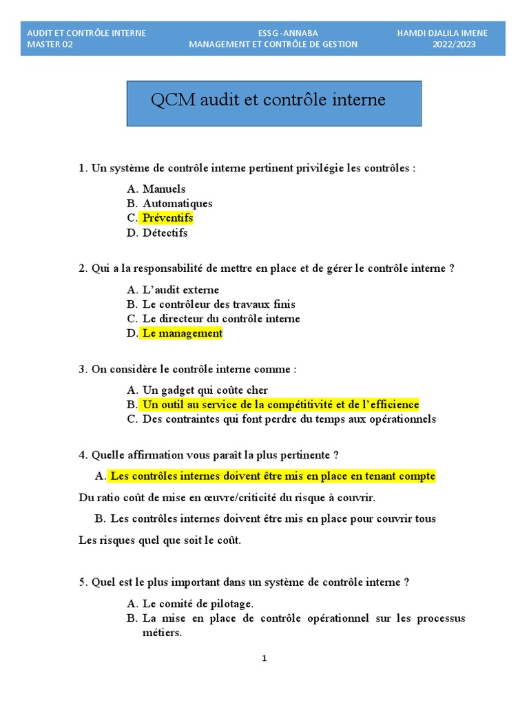 QCM sur l'Audit et le Contrôle Interne | PDF | Contrôle interne | Audit