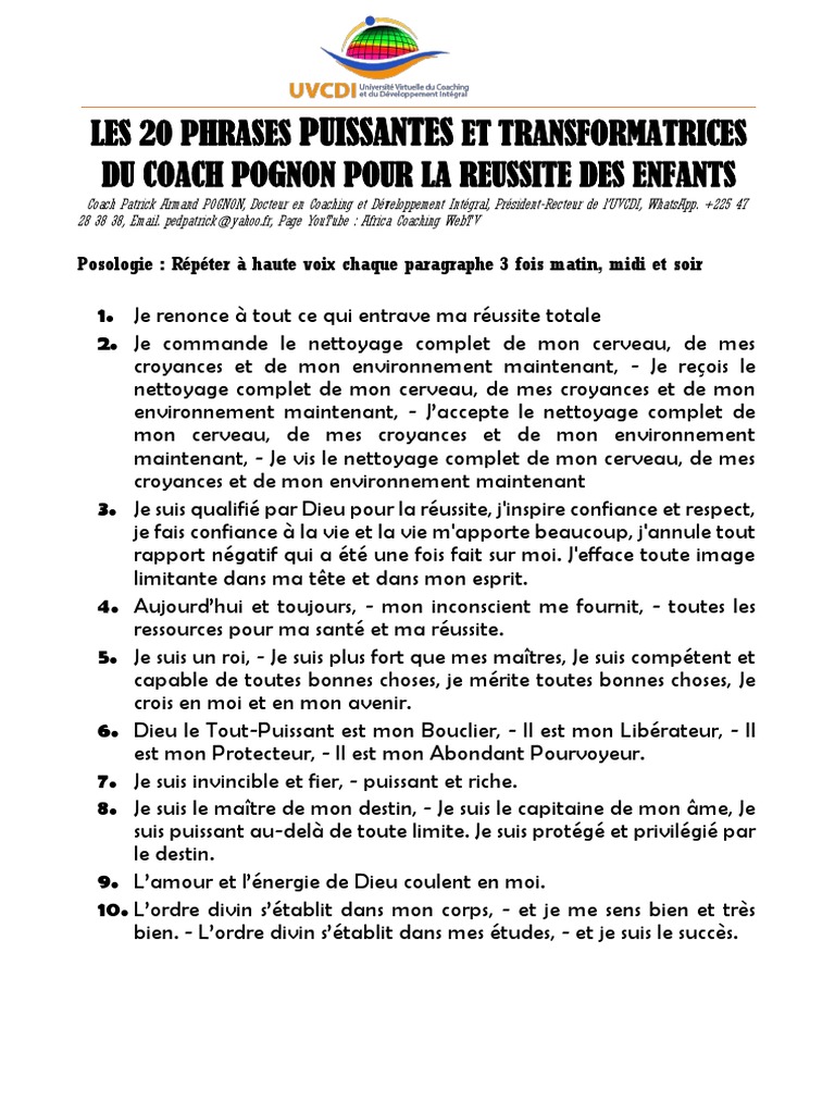 20 Phrases Transformatrices du Coach Pognon | PDF | Dieu