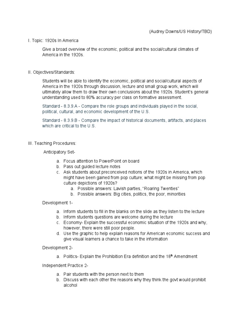 1920s Lesson Plan | PDF