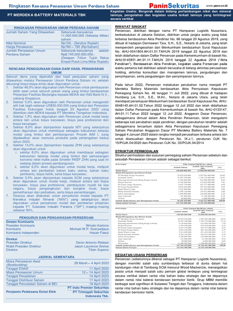 Merdeka Battery Materials (MBMA) - Summary PDF | PDF
