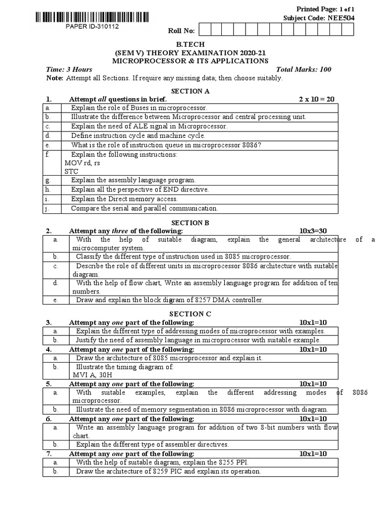 Btech Ee 5 Sem Microprocessor And Its Applications Nee504 2021 Pdf