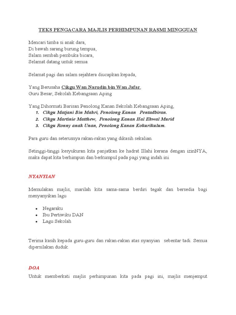 Teks Pengacara Majlis Perhimpunan Rasmi Mingguan | PDF