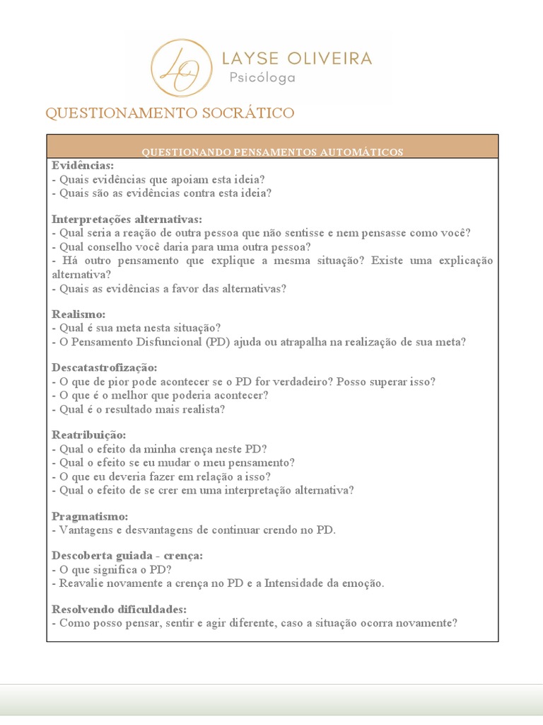 Questionamento Socrático e Pensamento Disfuncional | PDF | Autoajuda