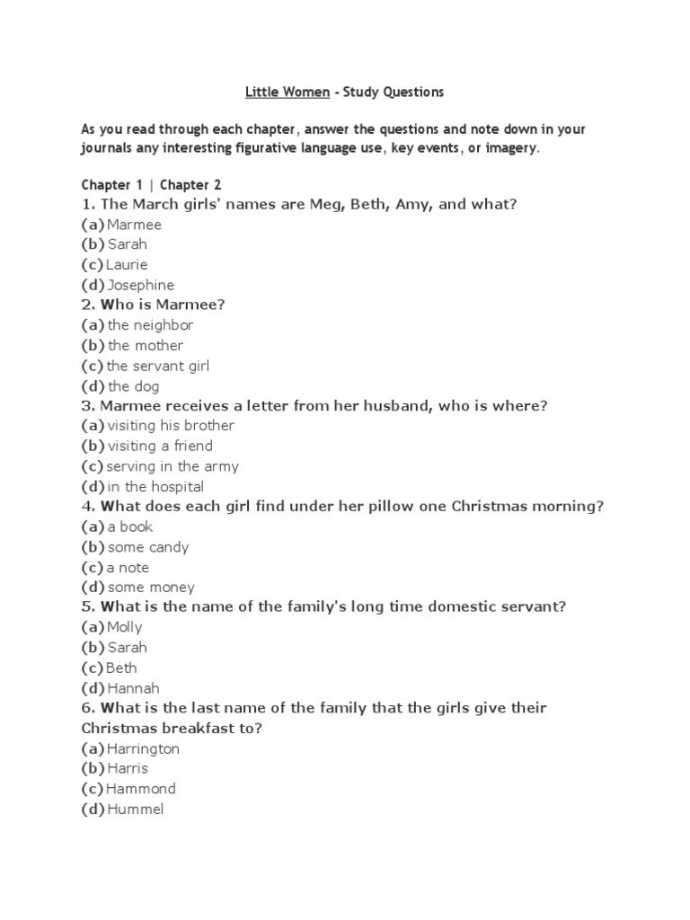 Little Women - Chapters 1 - 10 Study Questions | PDF | Little Women