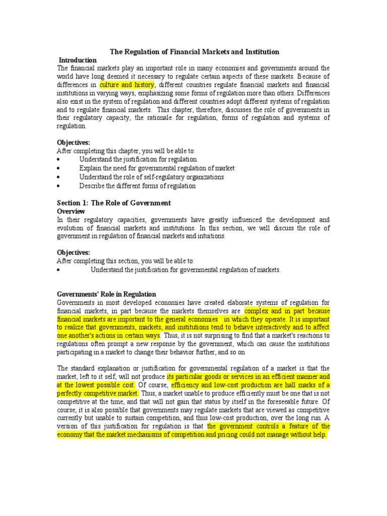 The Regulation of Financial Markets and Institution | PDF