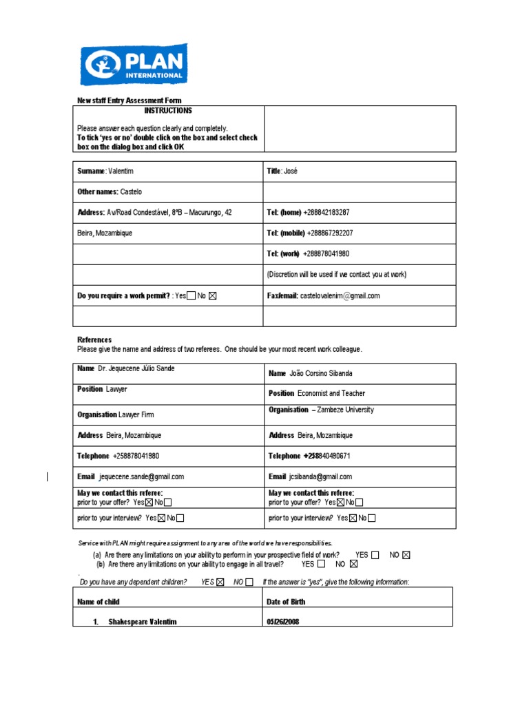 CEN - New Staff Entry Assessment Form - PLAN | PDF