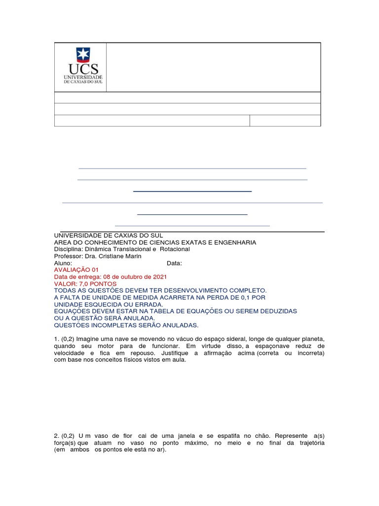 Prova 1 Fisica - UCS PDF | PDF
