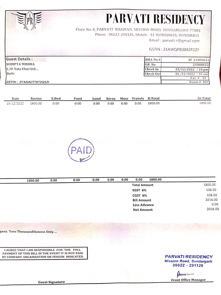 Hotel Bill Sundergarh | PDF