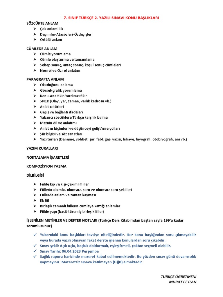 Yazili Sorumluluk Konulari 7. Sinif | PDF