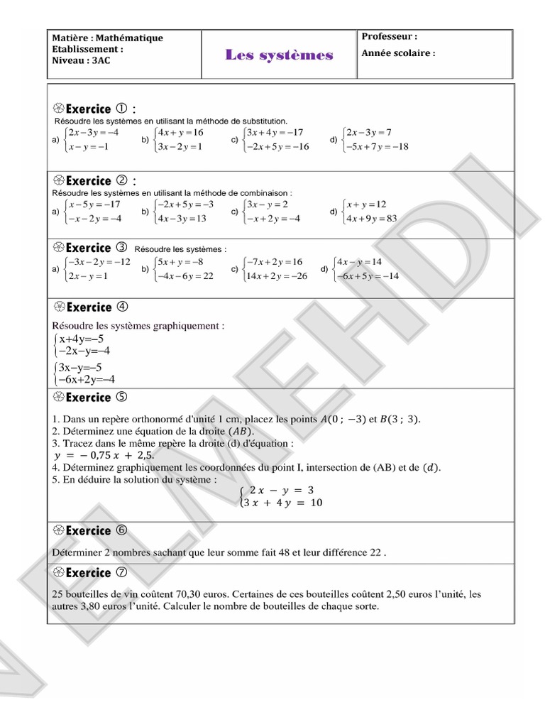 Systemes de 2 Equations A 2 Inconnues Exercices 3AC Maths 1 | PDF