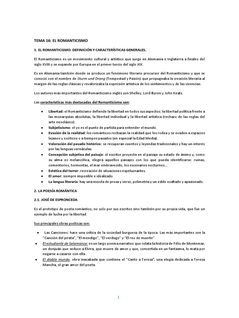 LITERATURA ROMANTICISMO. TEMA 16 1º Bach (3 EV.) PDF | PDF | Romanticismo | Realismo literario